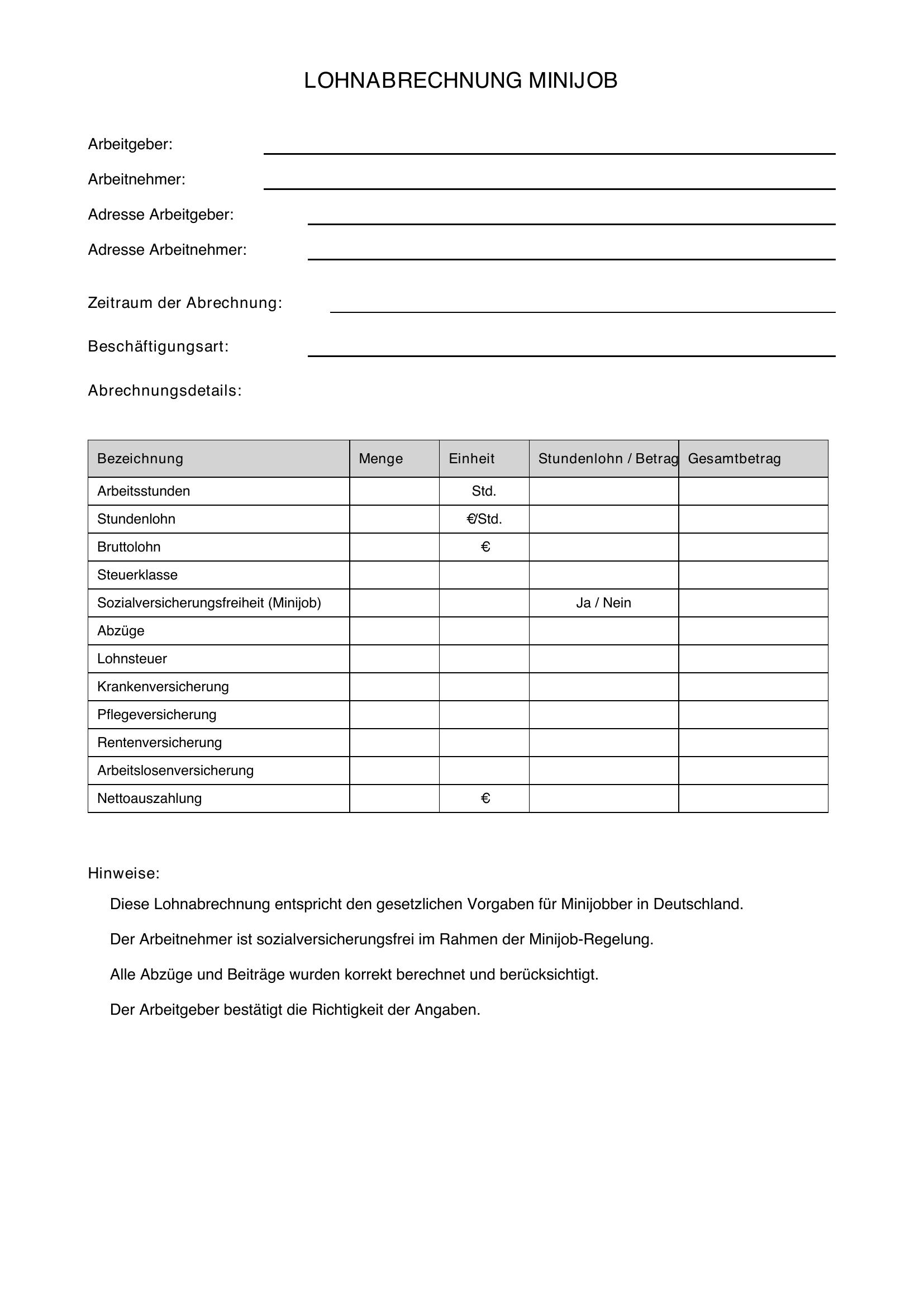 Vorlage Lohnabrechnung Minijob