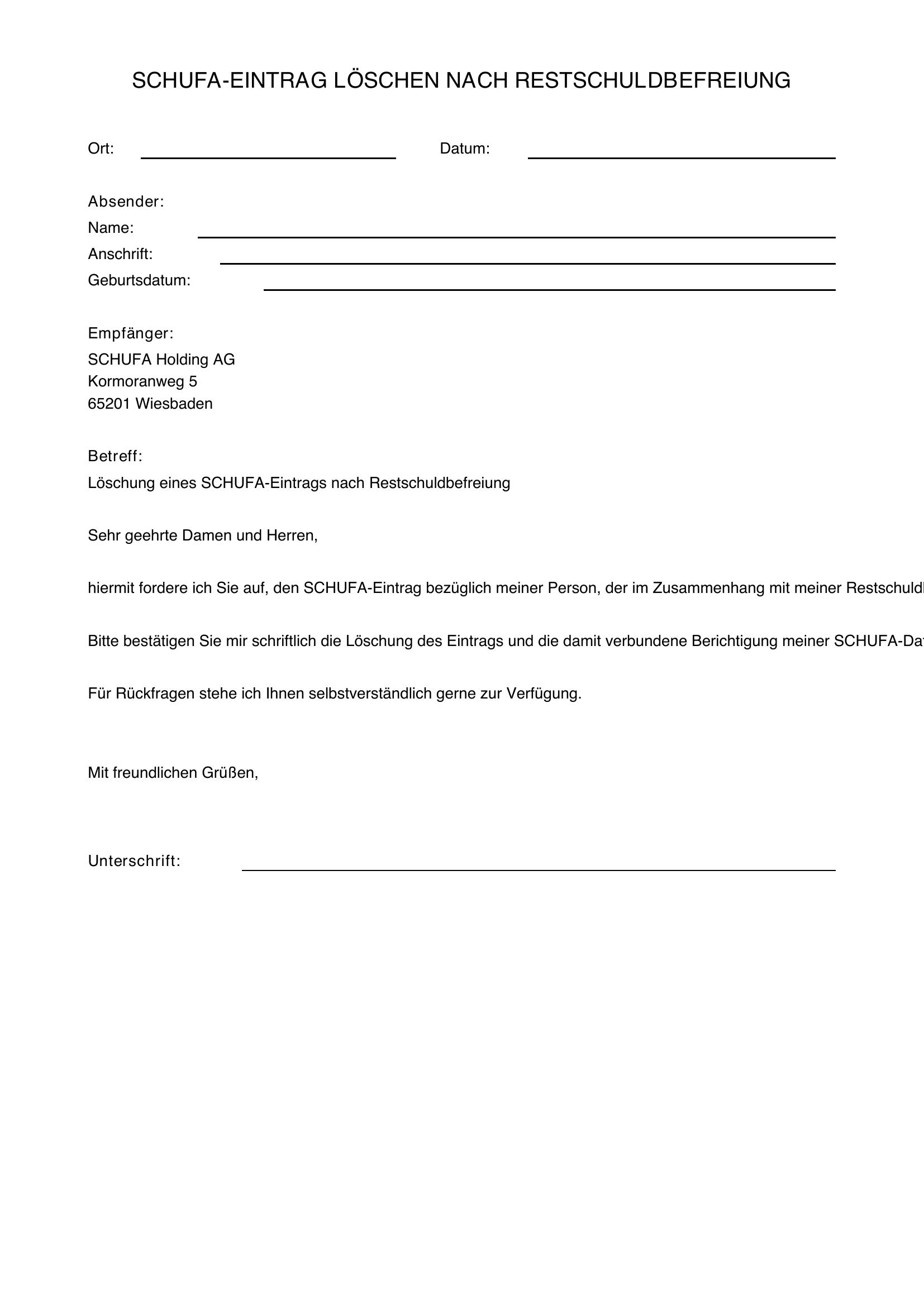 Schufa-Eintrag Löschen Nach Restschuldbefreiung Musterschreiben